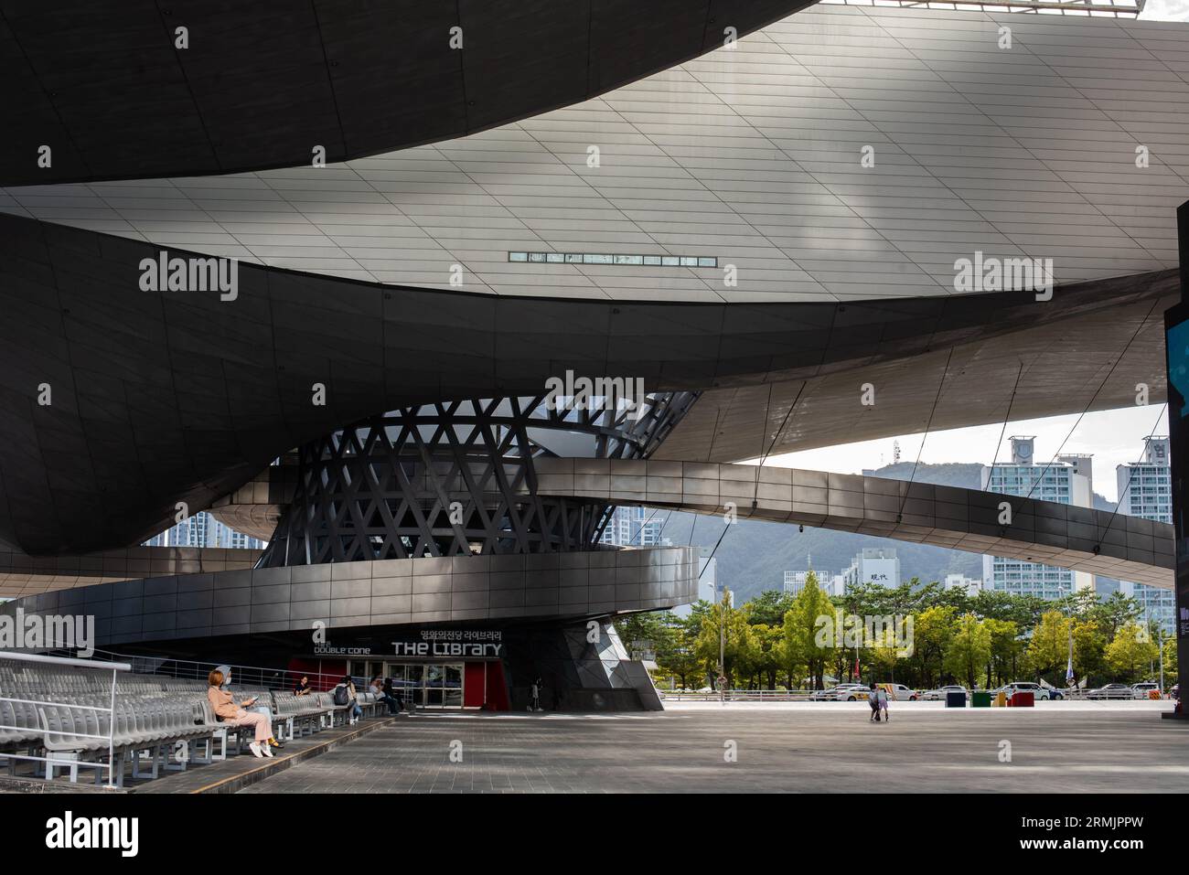 A view of Busan Cinema Centre with the city in the background in South ...