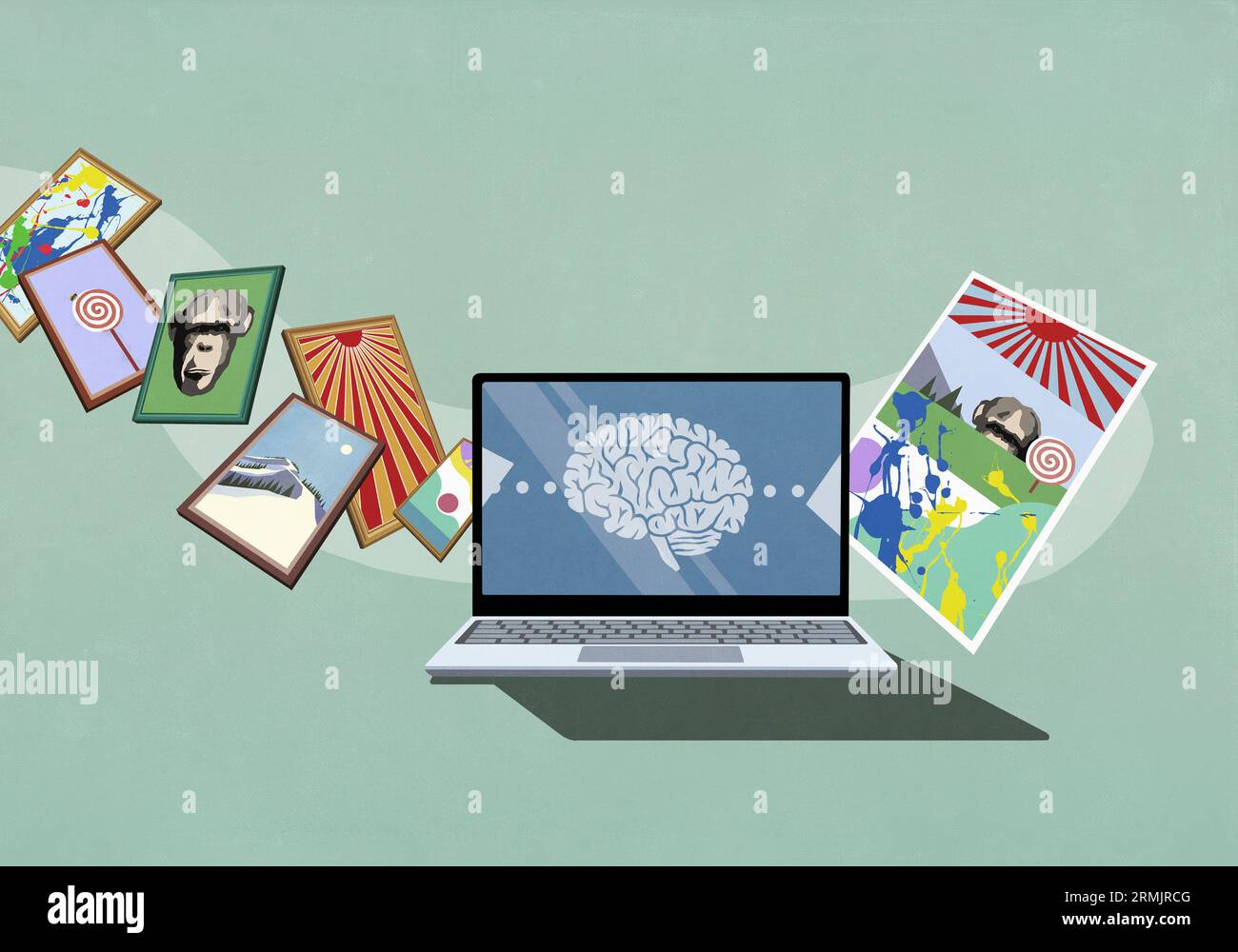 Brain on laptop screen processing images Stock Photo - Alamy