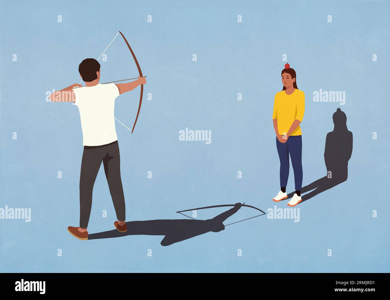 Man with bow and arrow aiming for apple on head of frightened wife ...