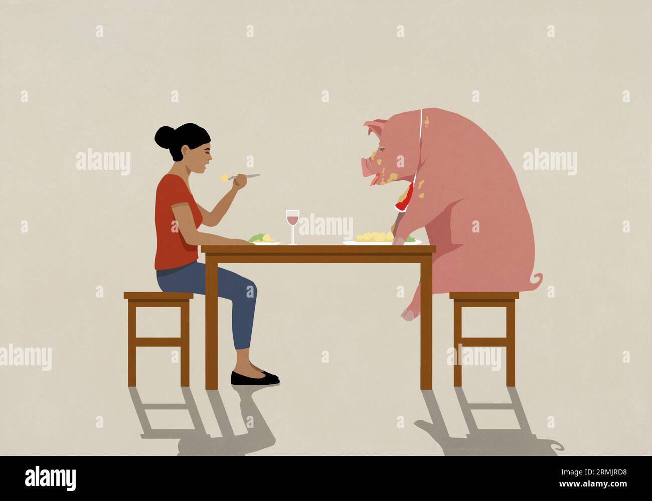 Woman eating dinner with messy pig at dining table Stock Photo - Alamy