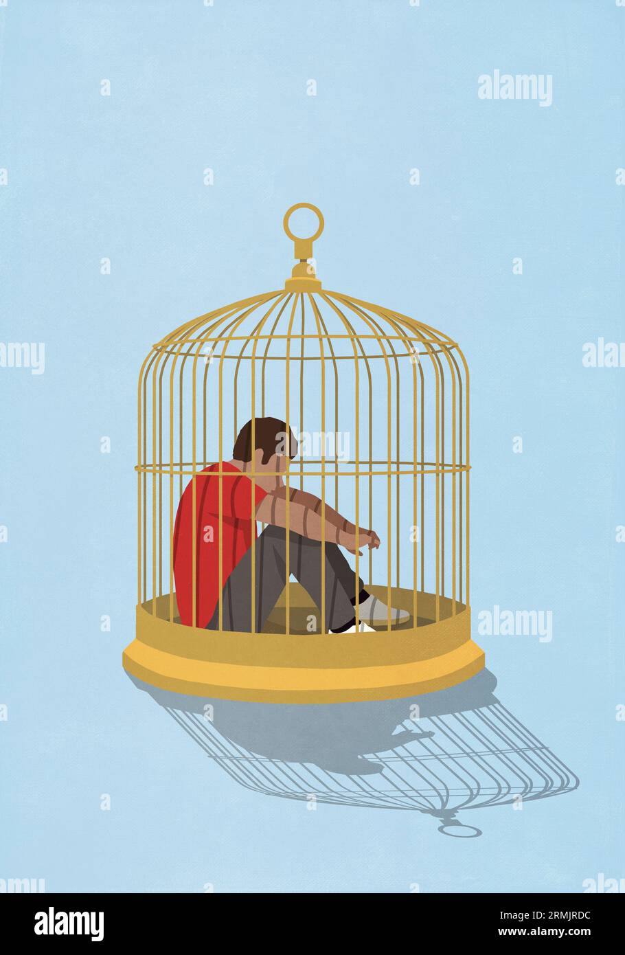Frustrated man trapped in birdcage Stock Photo - Alamy