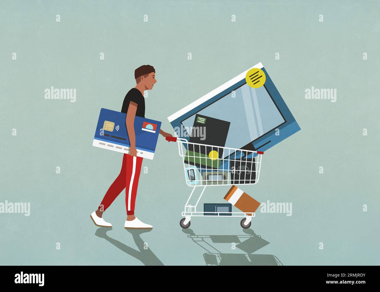 Male consumer with credit card pushing shopping cart with technology ...