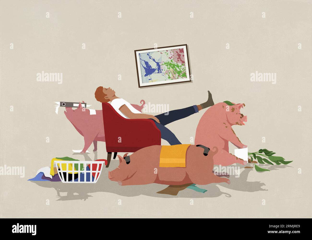 Lazy man sleeping in armchair in living room with messy pigs Stock ...