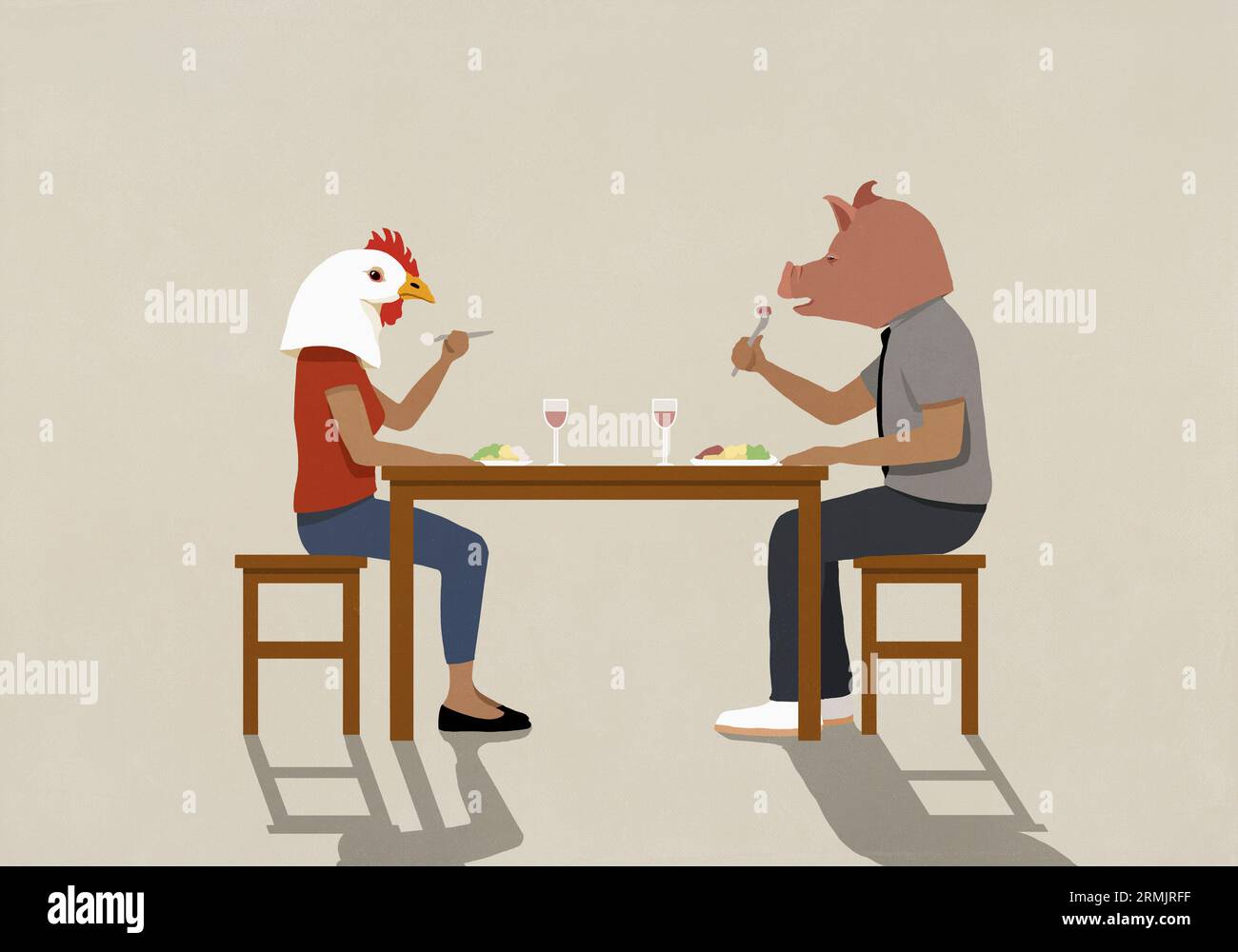 Couple wearing pig and chicken heads eating dinner at dining table ...