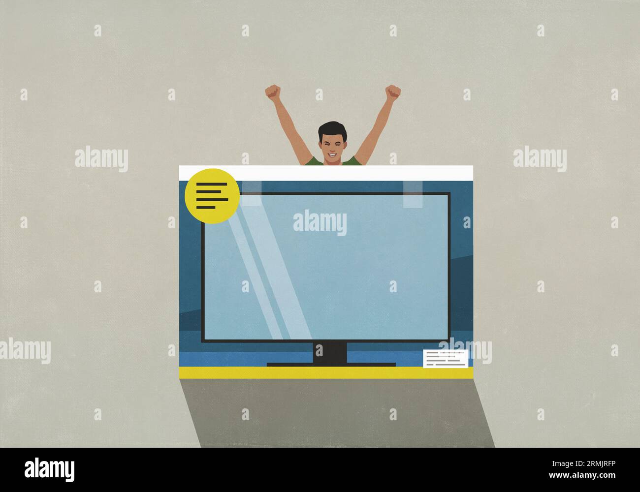 Excited man cheering behind television box Stock Photo - Alamy