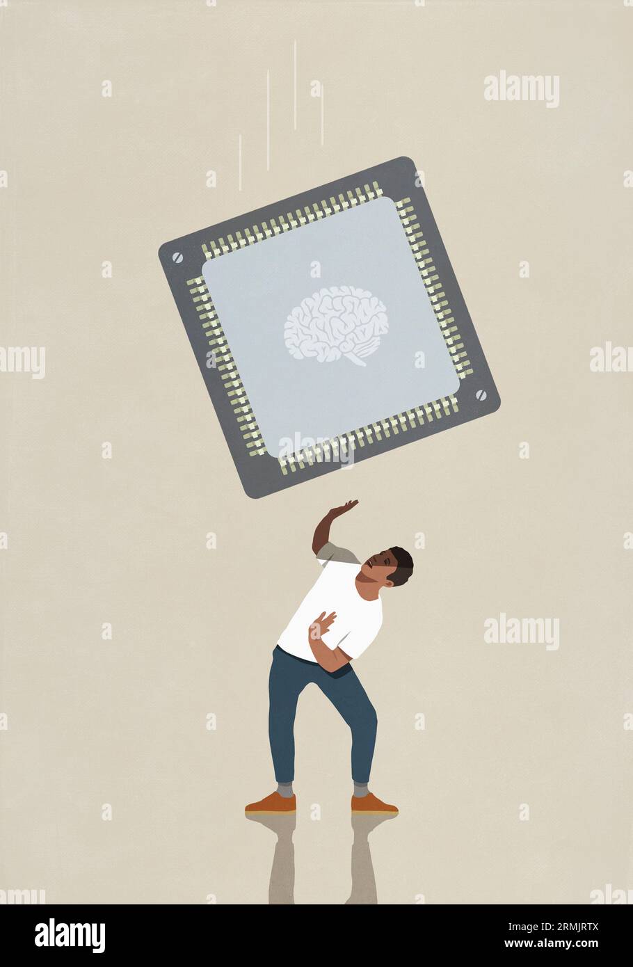 Large artificial intelligence microchip falling over surprised man ...