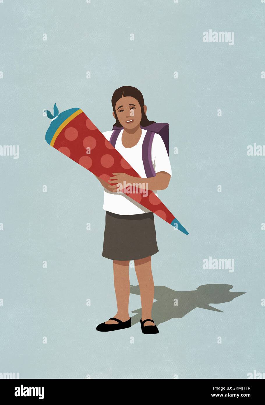 Portrait smiling schoolgirl holding dunce cap on blue background Stock ...