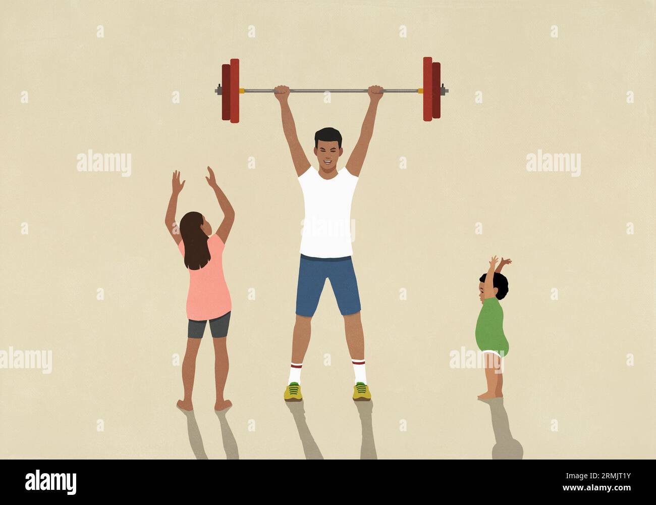 Supportive children cheering for strong father weightlifting barbell ...