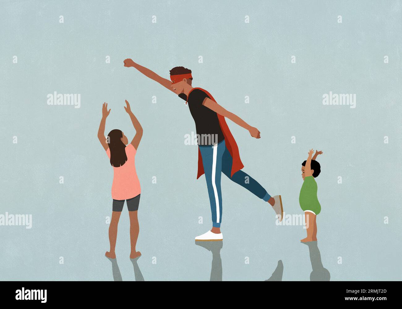 Kids cheering for determined father in superhero costume Stock Photo ...