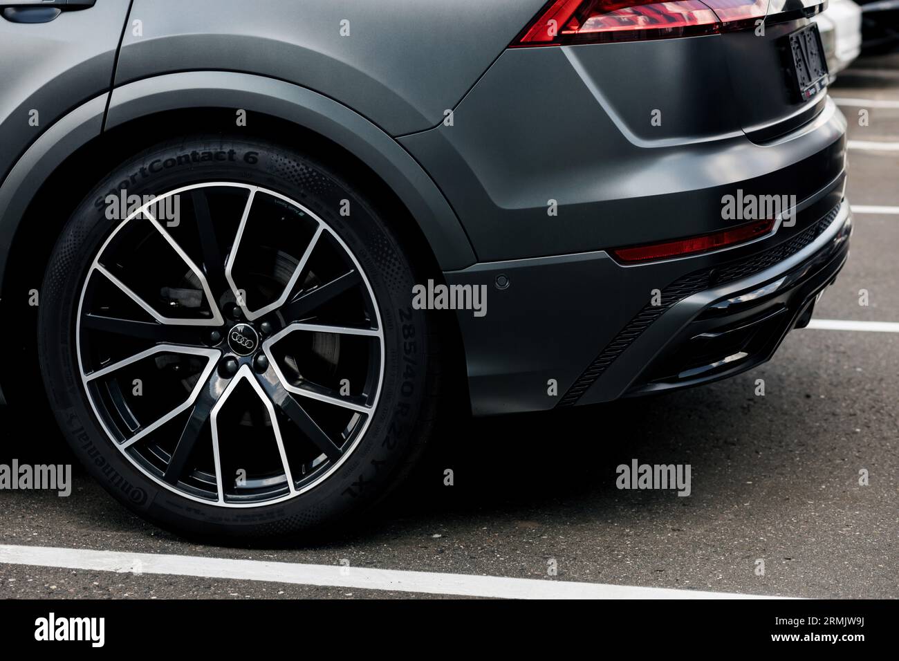 Minsk, Belarus, August 2023 - wheel of a modern German audi car. Luxury ...