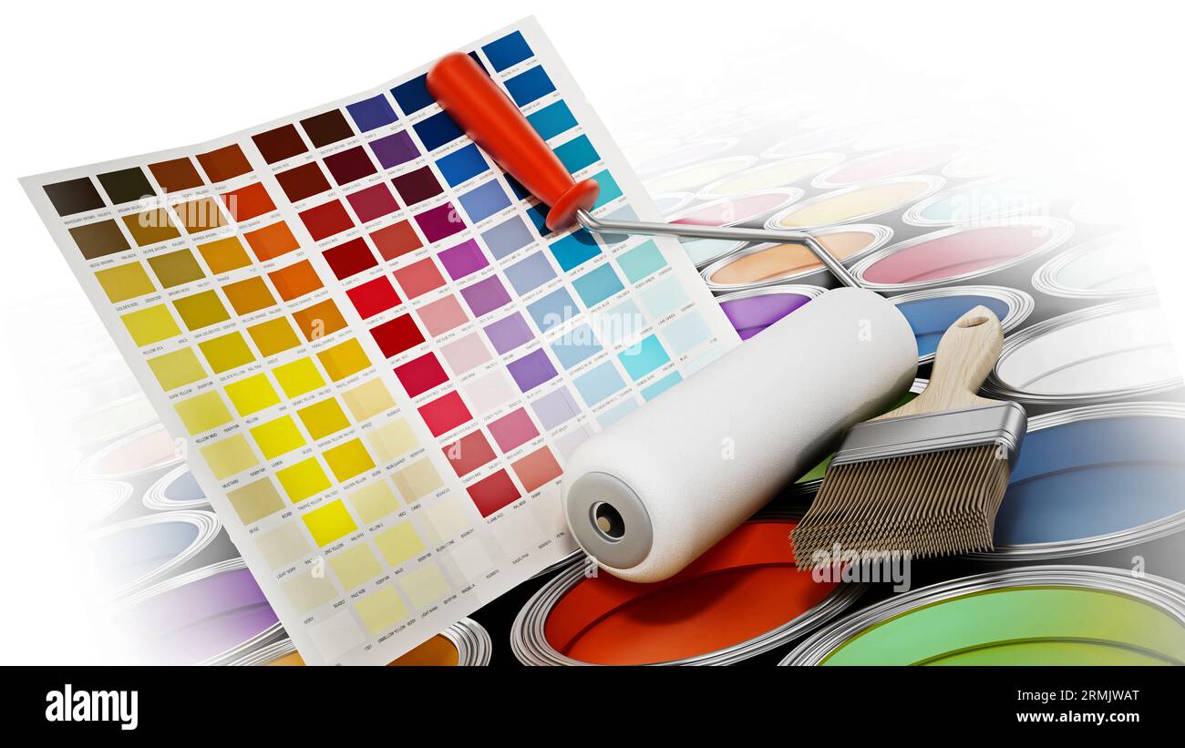 Various paint cans, roller and color guide. 3D illustration Stock Photo ...