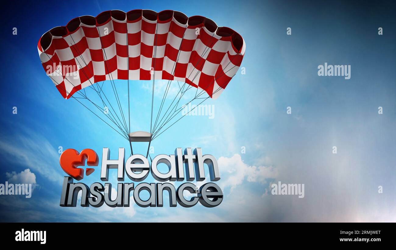 Health insurance text landing with a parachute. 3D illustration Stock ...