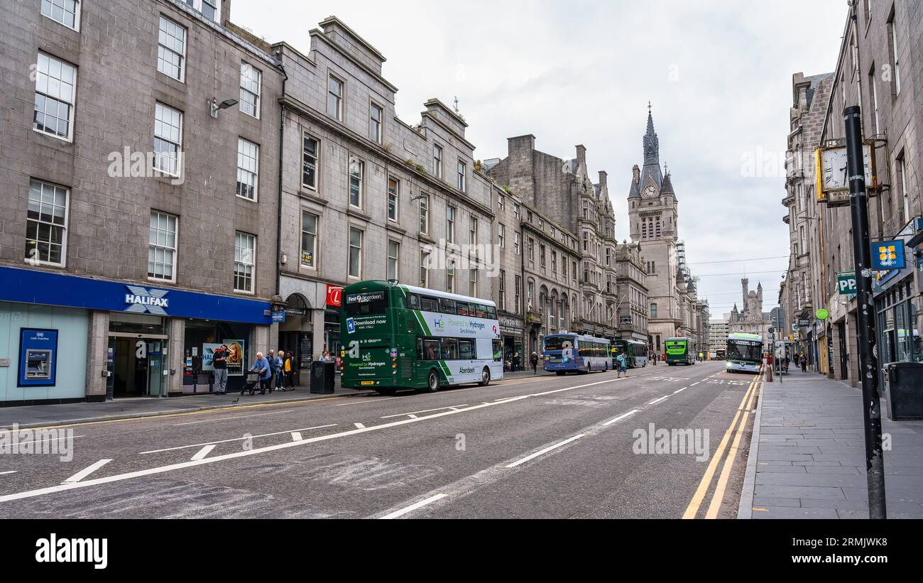 Aberdeen, Scotland, August 17, 2023: Main street of the city with grey ...