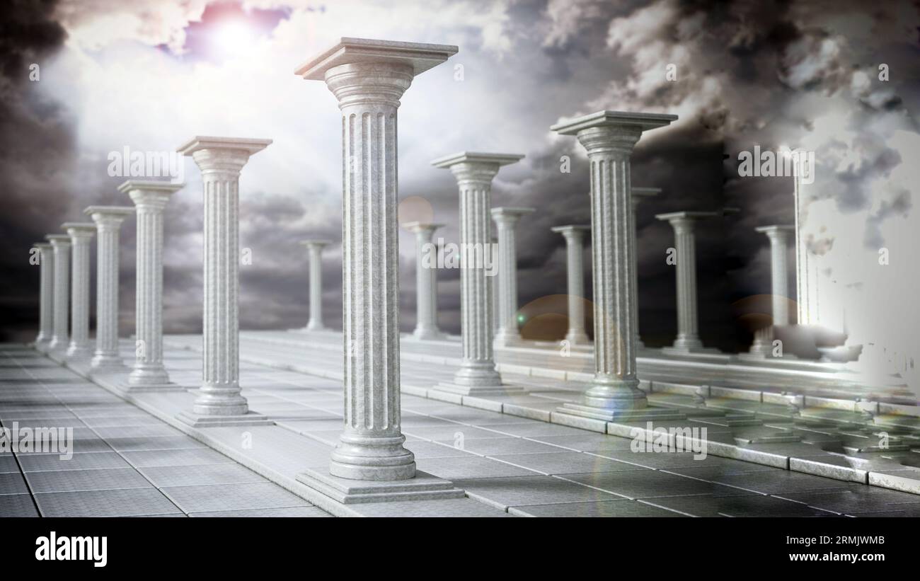 Ancient ruins of Greek pillars against overcast sky. 3D illustration ...