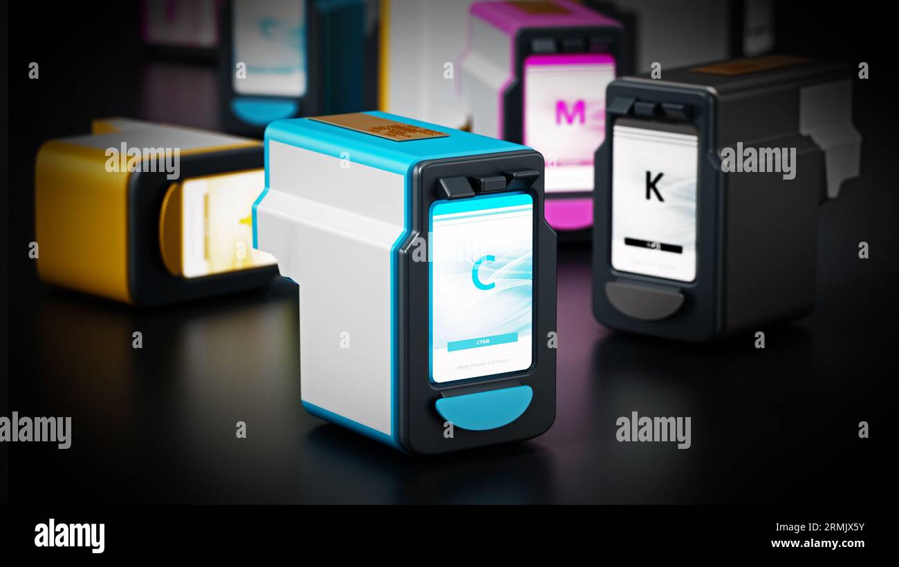 Generic inkjet printer CMYK cartridges. 3D illustration Stock Photo - Alamy