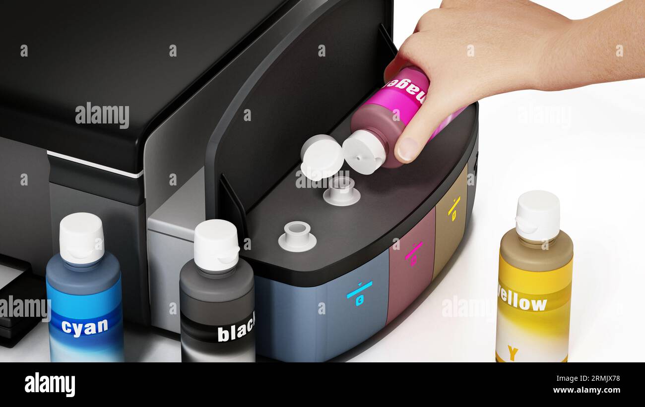 InkJet printer with refillable ink tanks isolated on white background ...