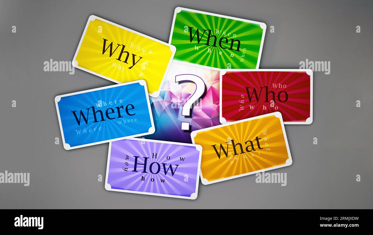 When, where, who, what, how question cards on gray background 3D ...