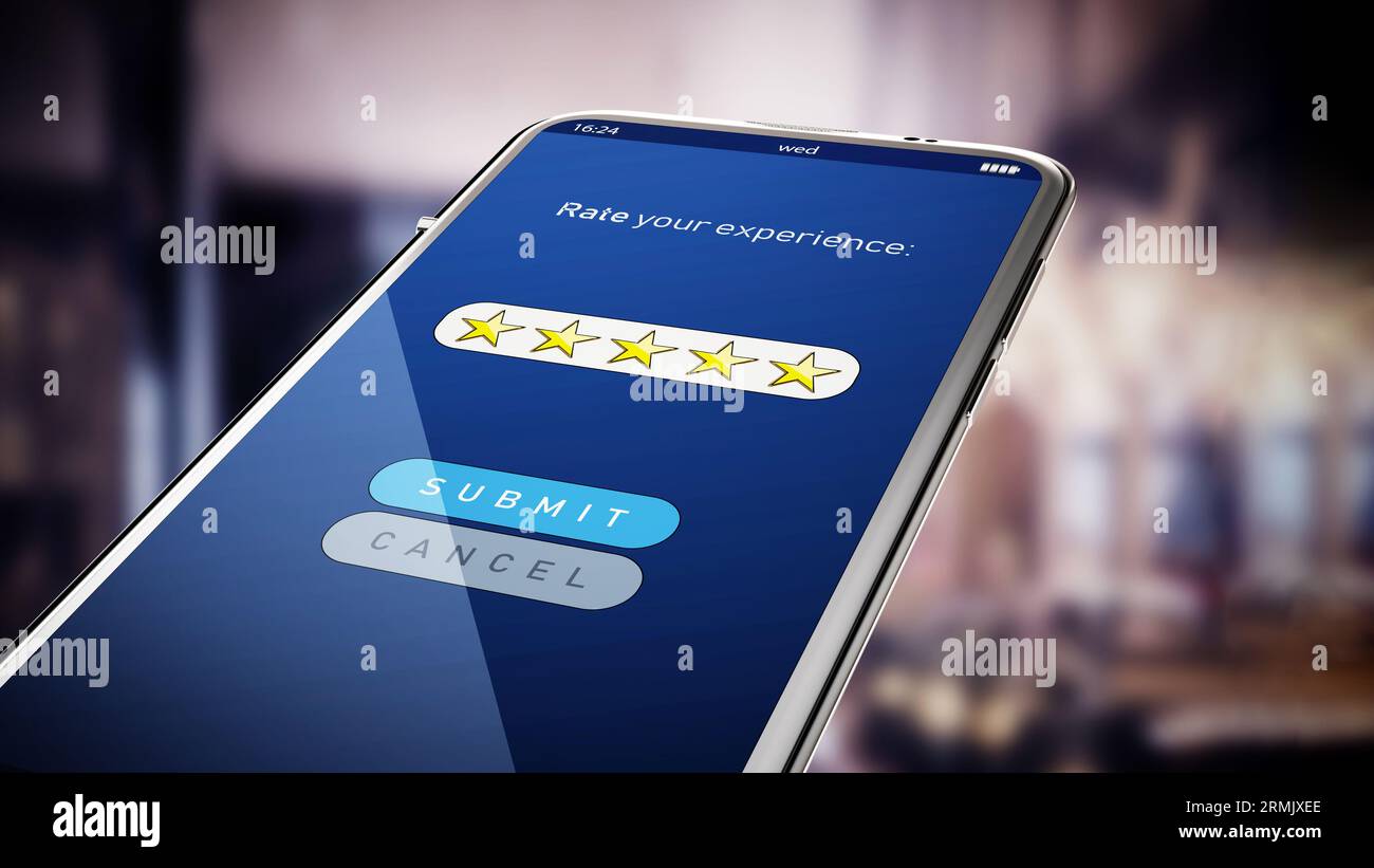 Five stars rating screen on smartphone. 3D illustration Stock Photo - Alamy