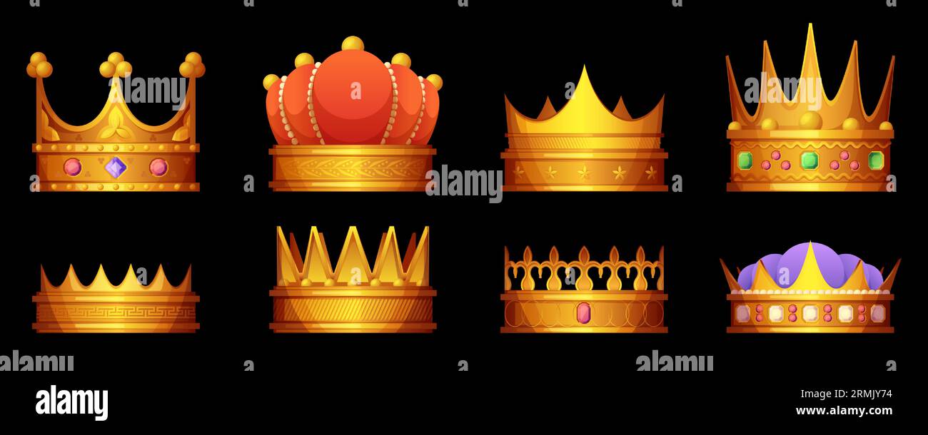 Golden crown collection. Cartoon royal crowns with jewels, luxury ...