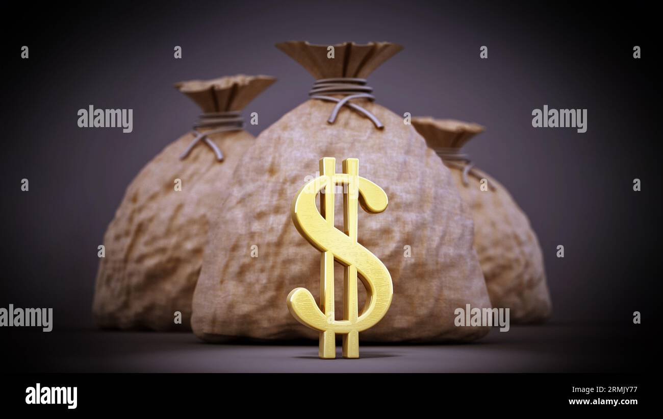 Money sacks with gold dollar icons. 3D illustration Stock Photo - Alamy