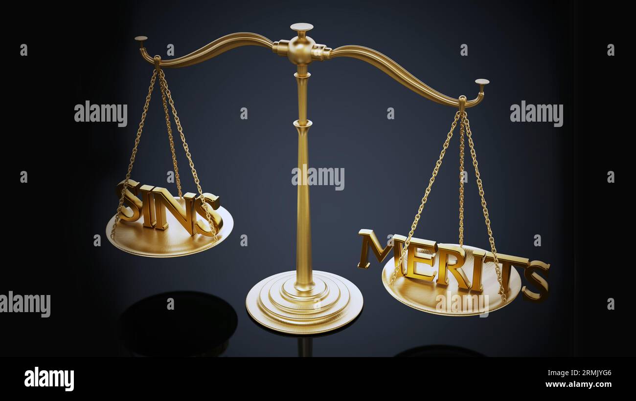 Balanced scale with sins and merits on two sides. 3D illustration Stock ...