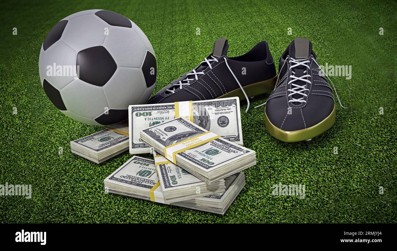 Soccer cleats, money and soccer ball on the pitch. 3D illustration ...