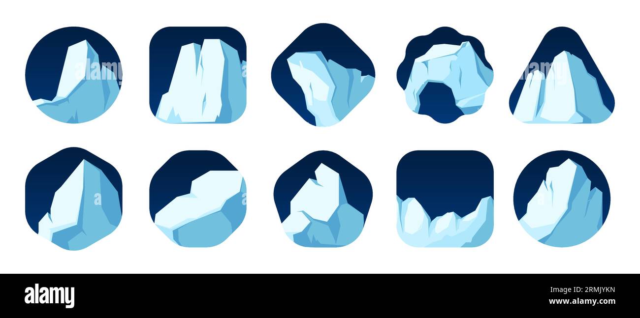 Arctic glacier. Cartoon mountain ice floating on sea with icebergs ...