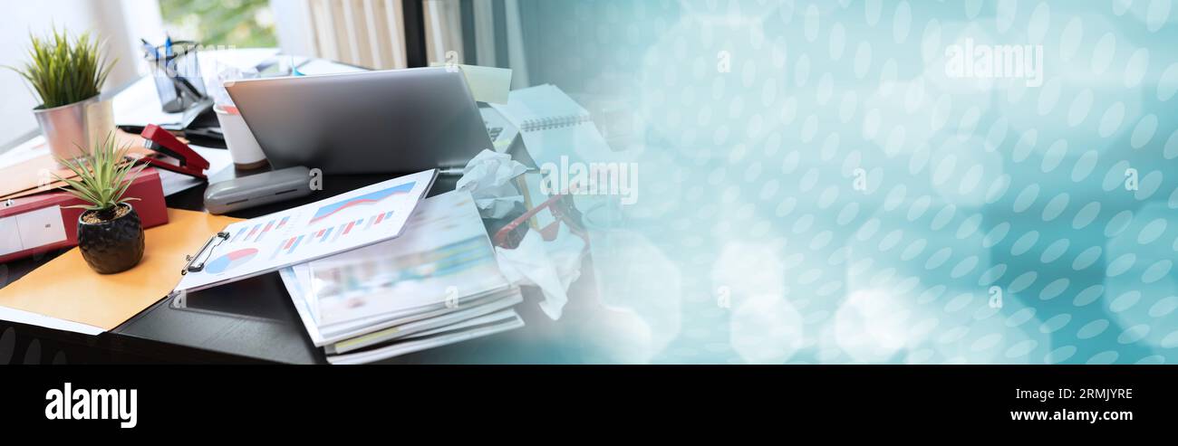 Messy and cluttered office desk; panoramic banner Stock Photo - Alamy