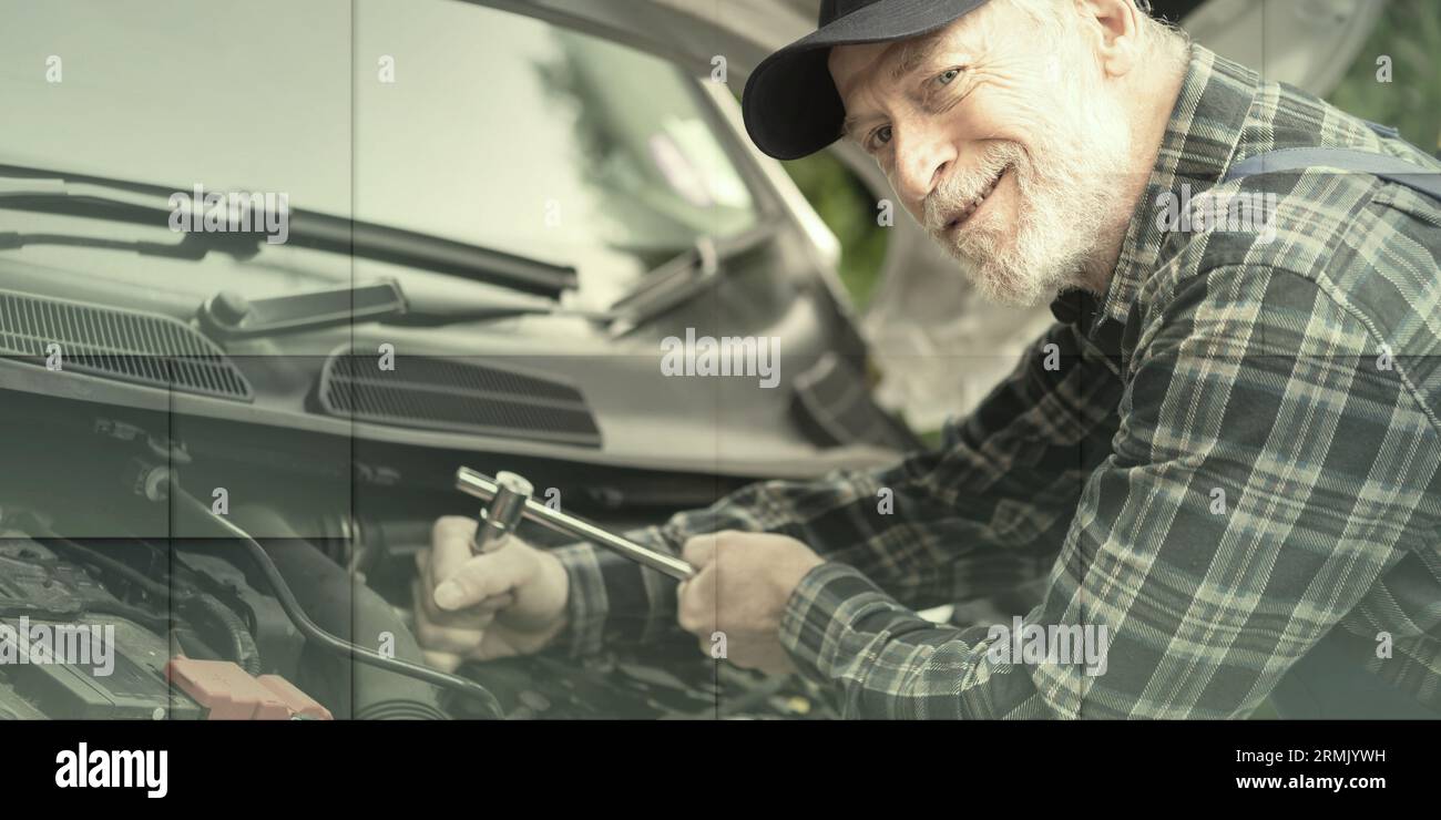 Car mechanic repairing a car engine, geometric pattern Stock Photo - Alamy