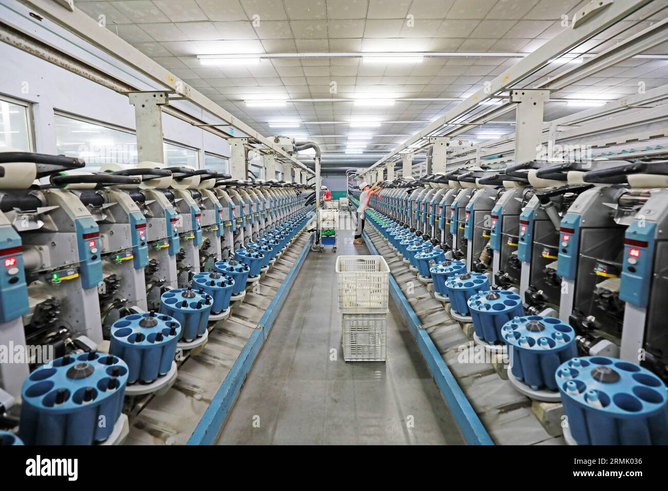 The female worker is busy on the production line in a spinning factory ...