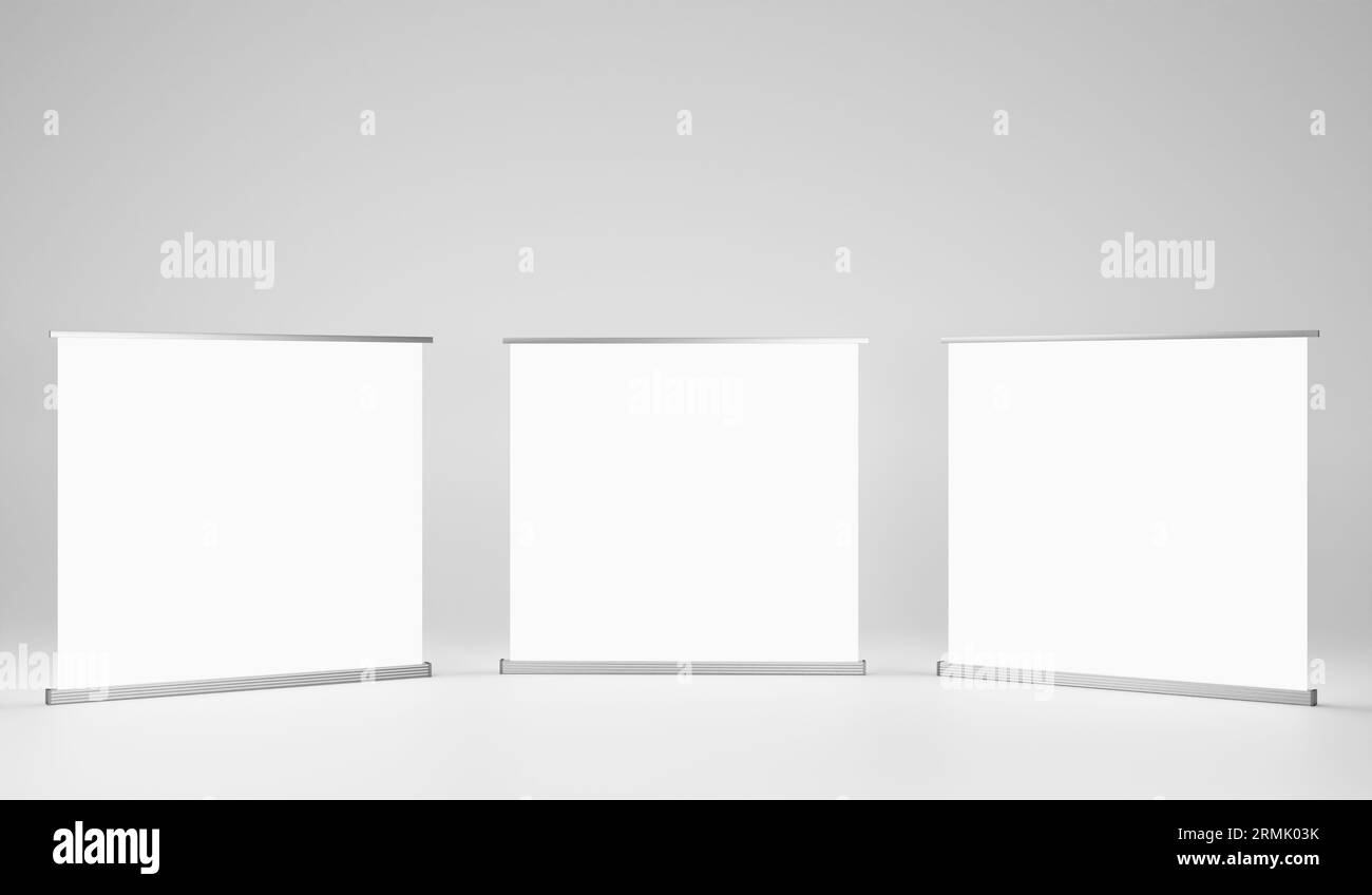 Blank white exhibition stand mockup, 3D rendering isolated on grey background Stock Photo - Alamy