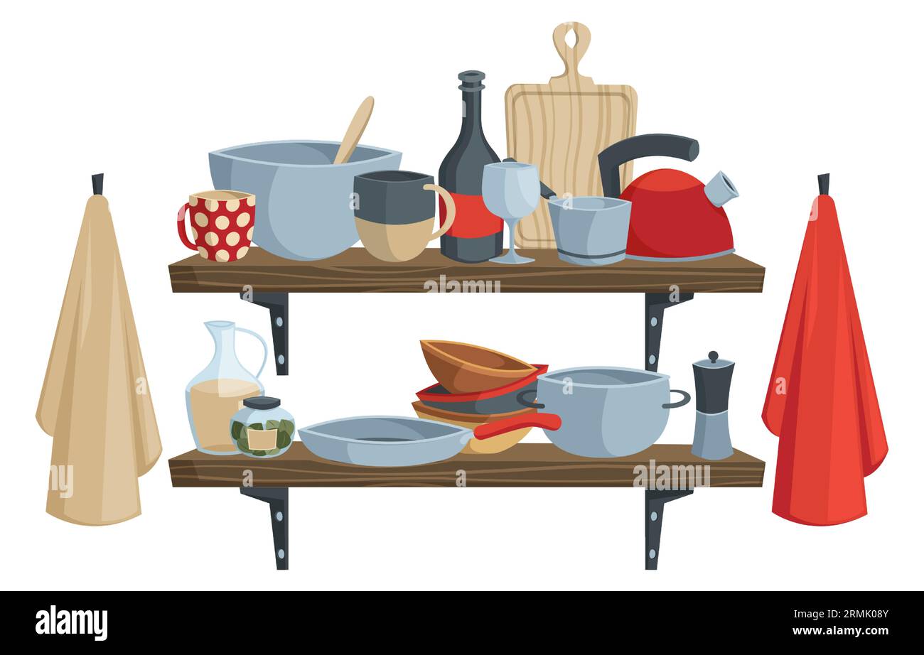 Kitchen shelf with utensils. Flat tableware and kitchenware, cartoon ...
