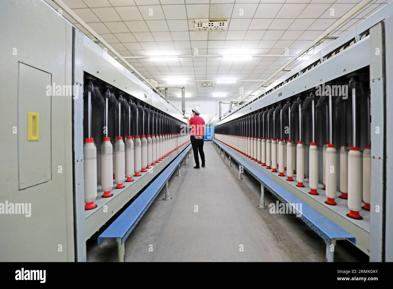 The female worker is busy on the production line in a spinning factory ...