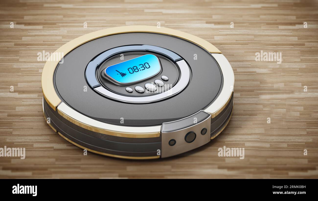 Automated vacuum cleaner on wooden floor. 3D illustration Stock Photo ...