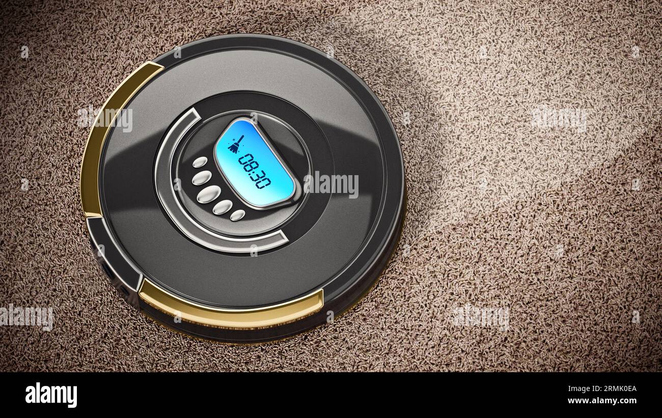 Automated vacuum cleaner on carpet. 3D illustration Stock Photo - Alamy
