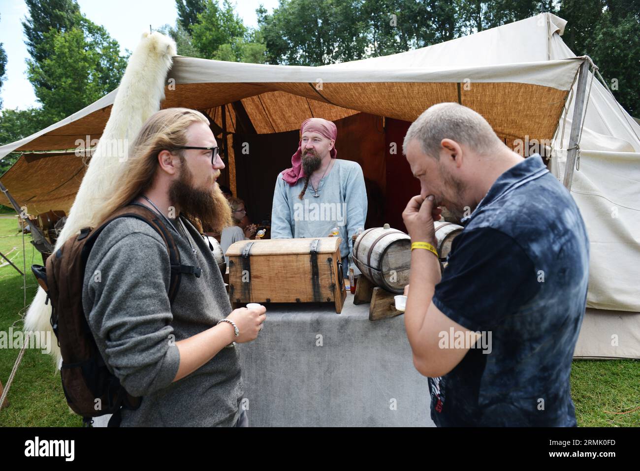 A stall selling traditional Viking alcoholic drink at the Trelleborg Viking festival, Slagelse ...