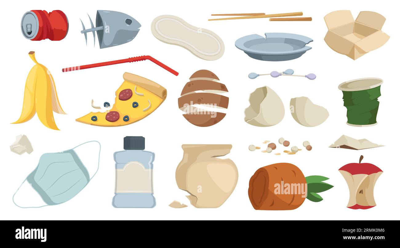 Garbage set. Doodle recycling waste plastic rubber, fase mask cardboard ...