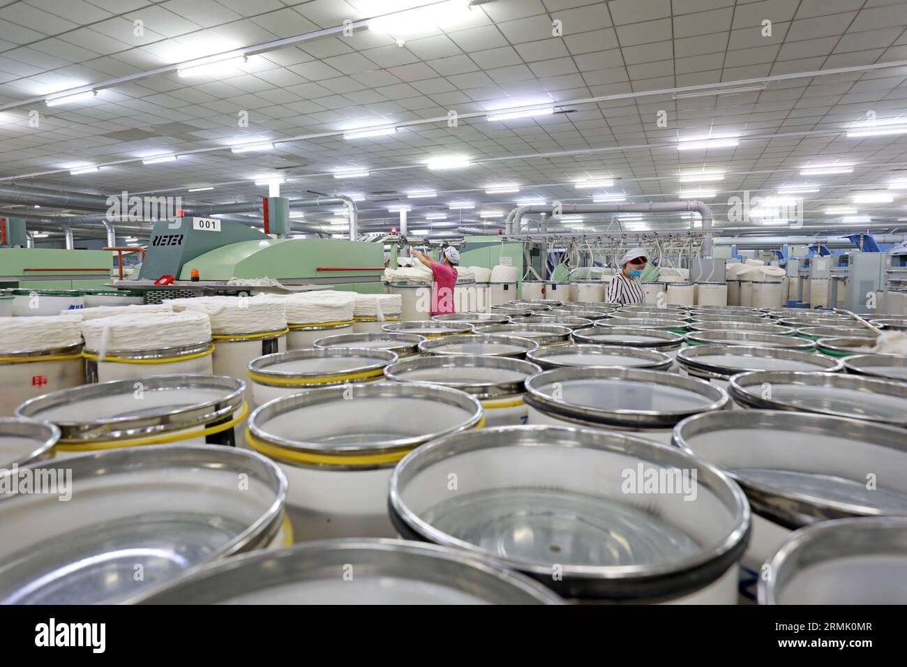 The female worker is busy on the production line in a spinning factory ...