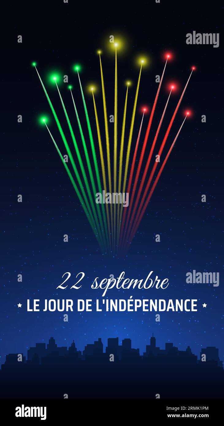 September 22, mali independence day, colorful fireworks flag on blue ...