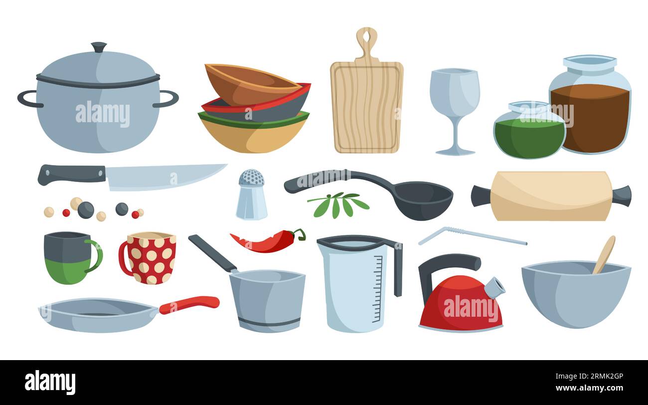 Kitchenware tools. Cartoon flat cooking utensils, spoon bowl pot ...