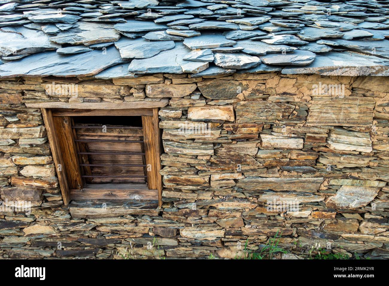Detailed view: Traditional stone hut made of rocks and mud, Uttarakhand ...