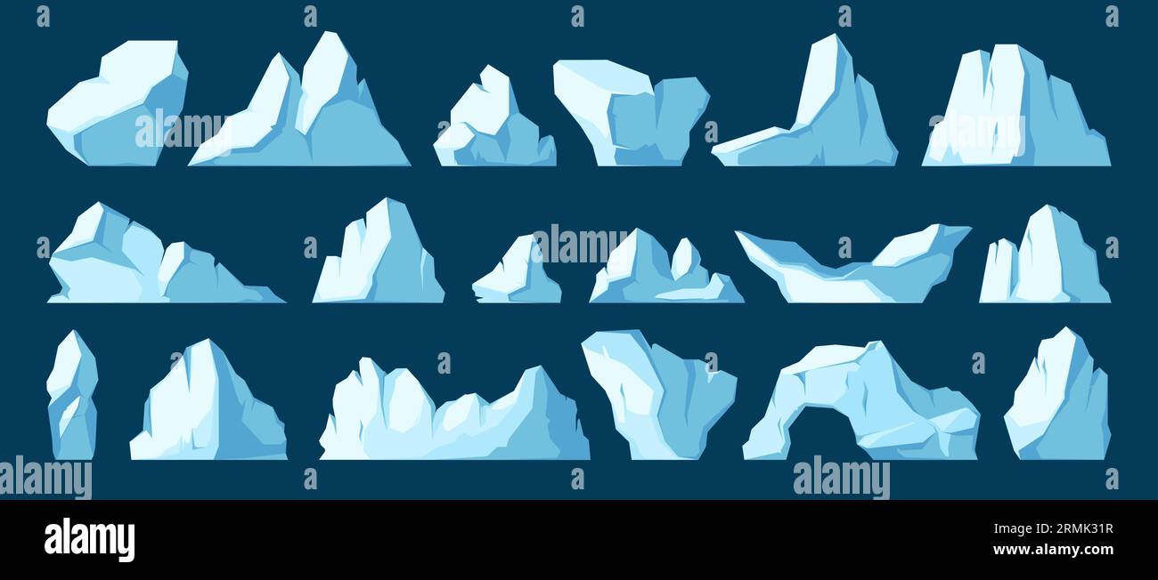 Iceberg collection. Cartoon melting iceberg floating in ocean, frozen ...