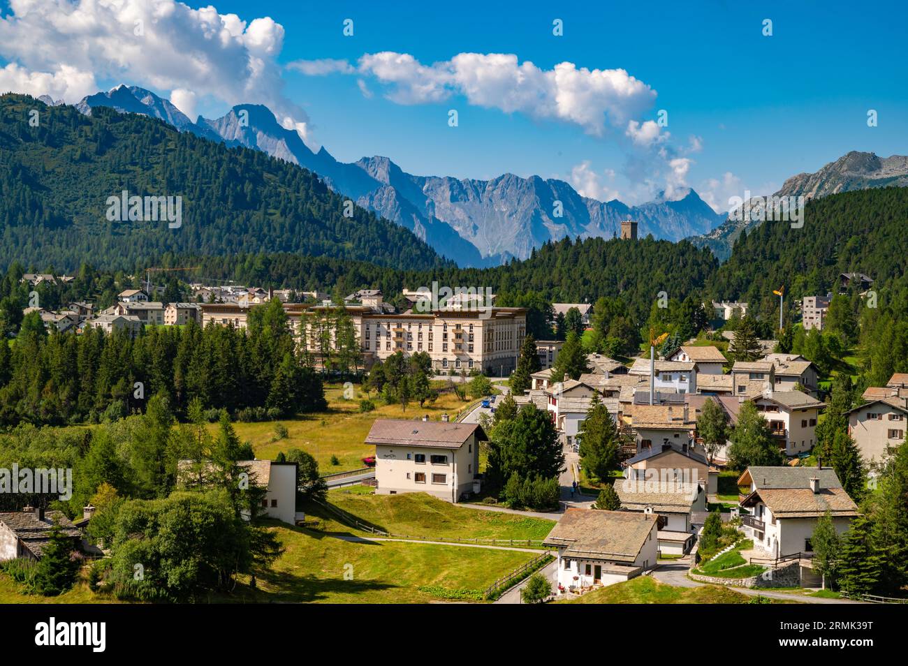 A view of the village of Maloja and the Malojapass, in Switzerland ...