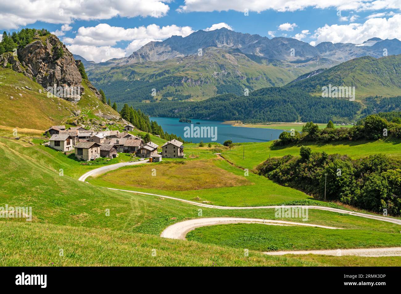 Panoramic view of the Engadin, Lake Sils, and the village of ...