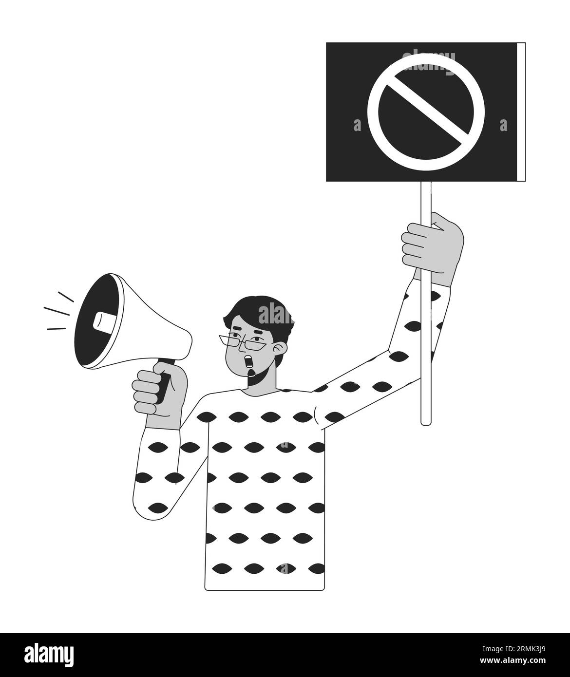 Indian man shouting in megaphone flat line black white vector character ...