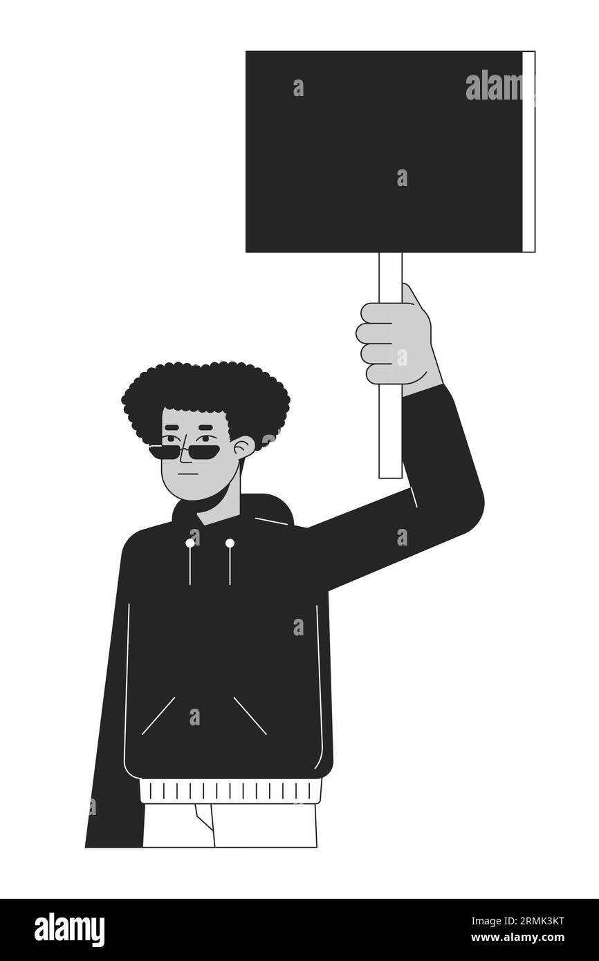 Black male demonstrator with banner flat line black white vector ...