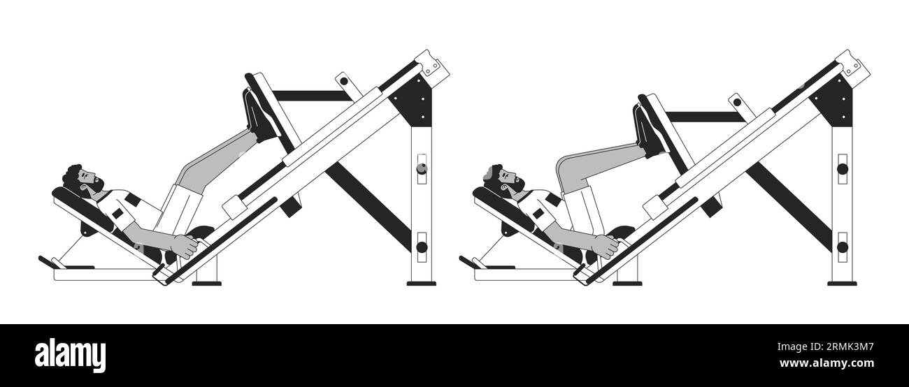 Muscle building with leg press machine bw vector spot illustration ...