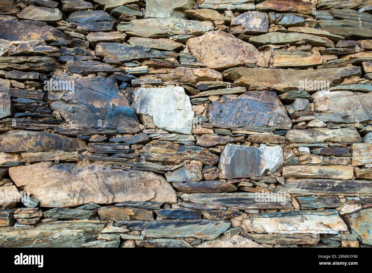 Detailed shot: Rural stone wall crafted from rocks and mud, Uttarakhand ...