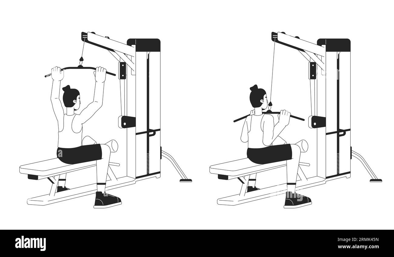 Muscle building with lat pulldown machine bw vector spot illustration ...