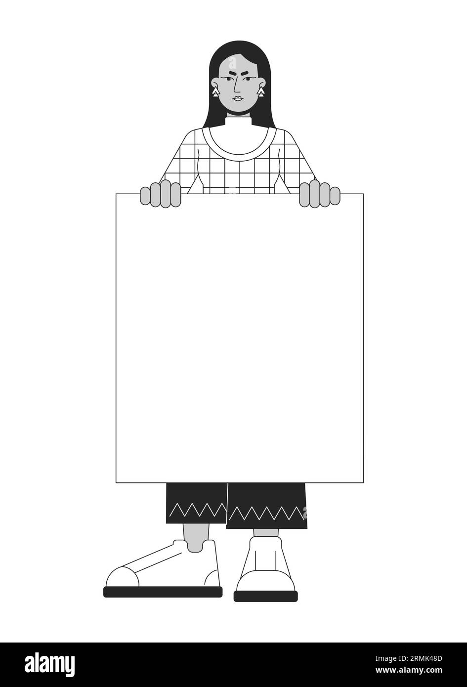Female protest with empty blank flat line black white vector character ...
